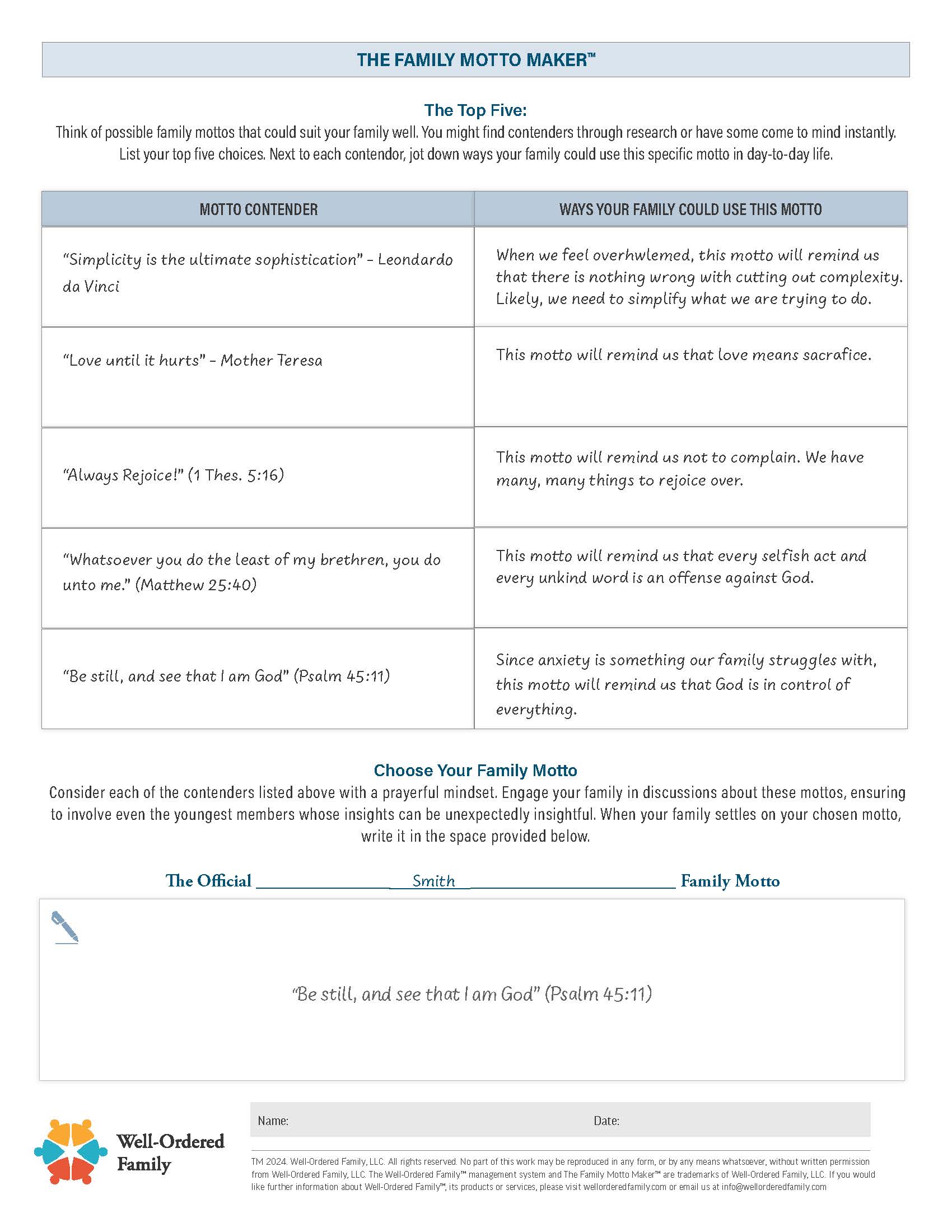 The Family Motto – The Well-Ordered Family